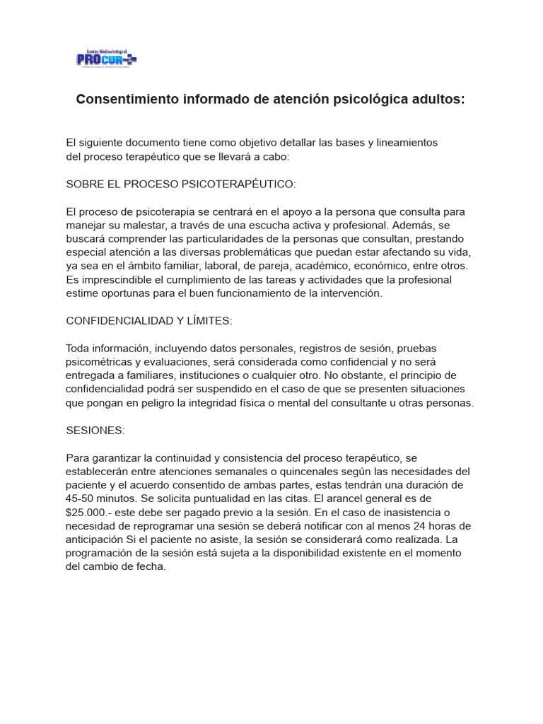 Consentimiento Informado Adultos PROCUR | PDF