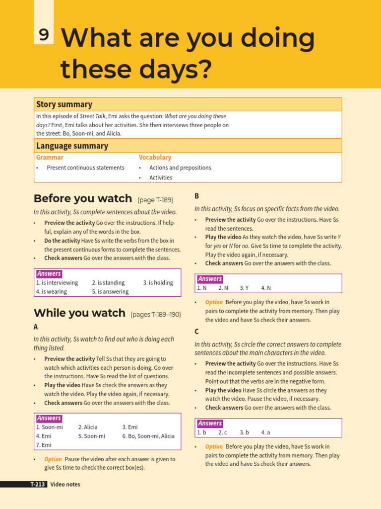 Four Corners Level 1 Unit 9 What Are You Doing These Days Video Notes ...