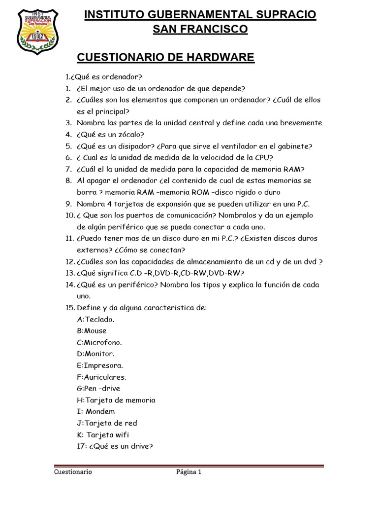 Cuestionario de Hardware | PDF | Hardware de la computadora | Periférico