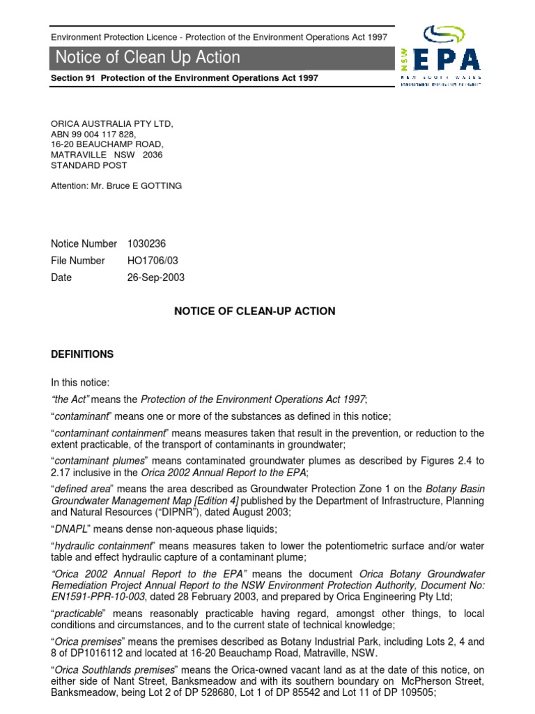 2003 Orica Clean Up Notice | PDF | Environmental Remediation | Groundwater