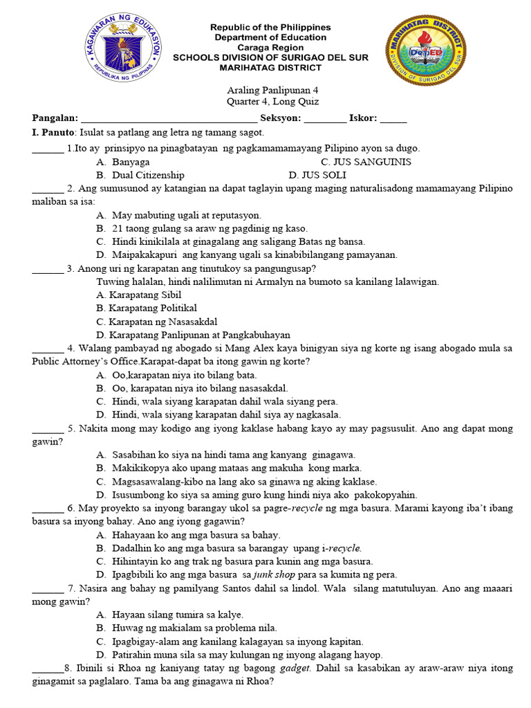 Long Quiz Aralpan 4 Quarter 4 | PDF