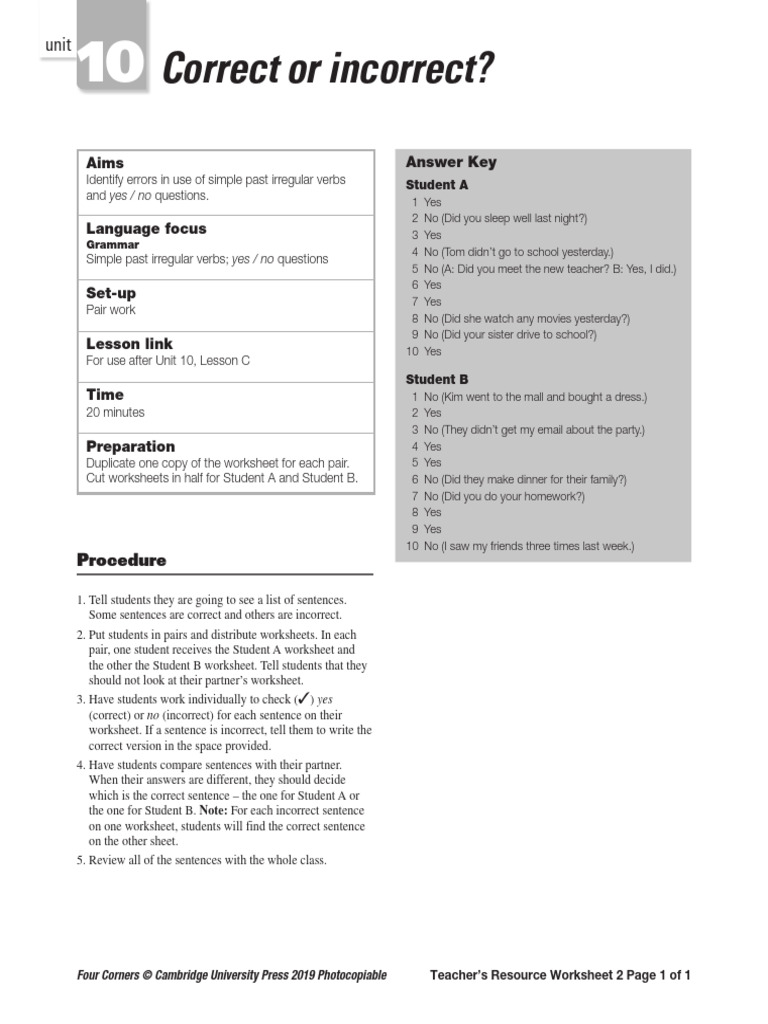 Four Corners Level 1 Unit 10 Correct or Incorrect Worksheet 2 | PDF ...