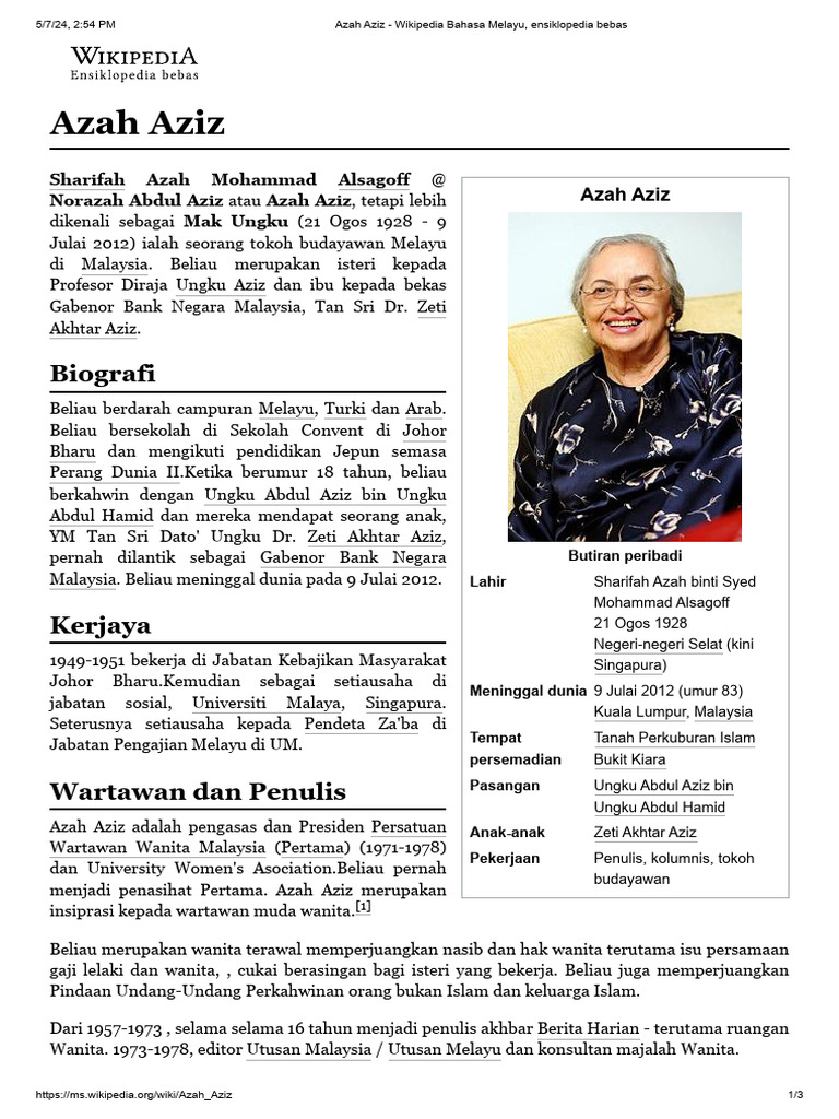 Azah Aziz - Wikipedia Bahasa Melayu, Ensiklopedia Bebas | PDF