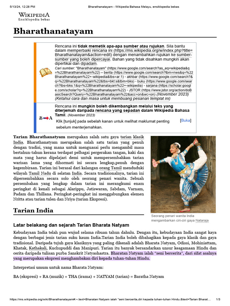 Bharathanatayam - Wikipedia Bahasa Melayu, ensiklopedia bebas | PDF