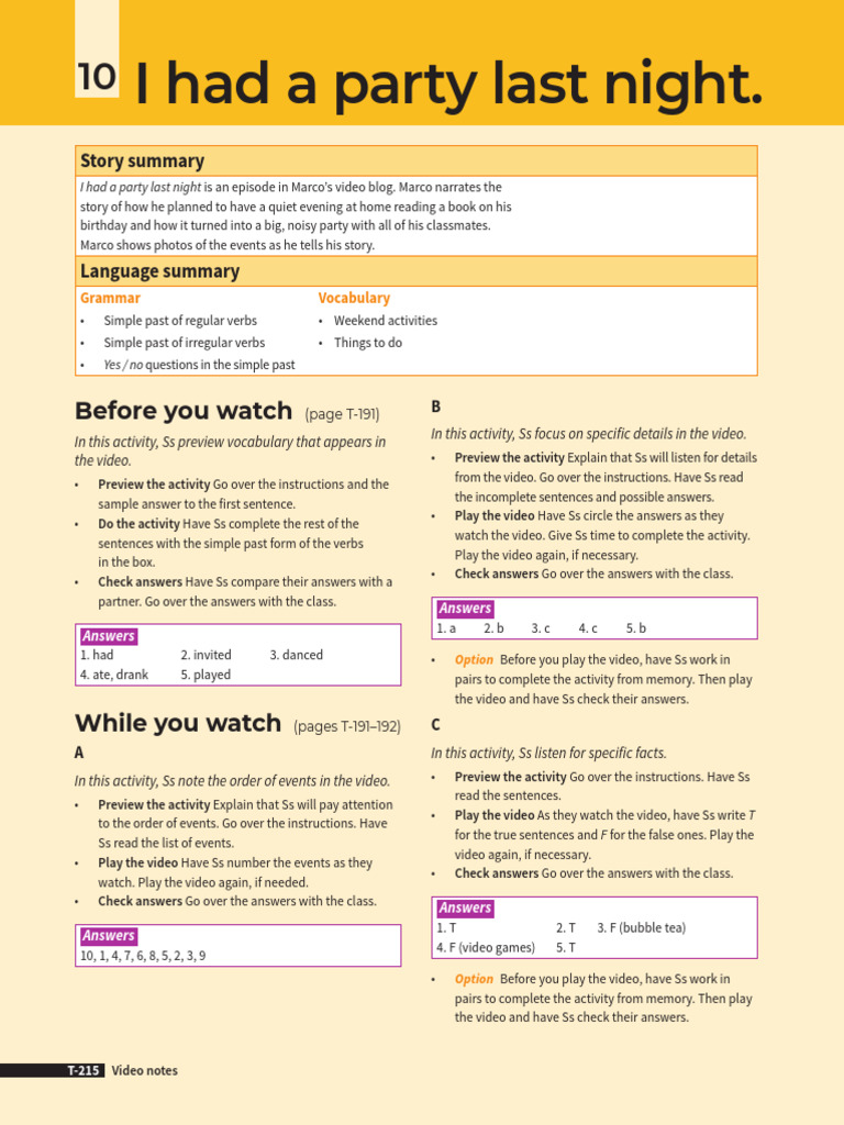 Four Corners Level 1 Unit 10 I Had A Party Last Night Video Notes Pdf Linguistic Morphology