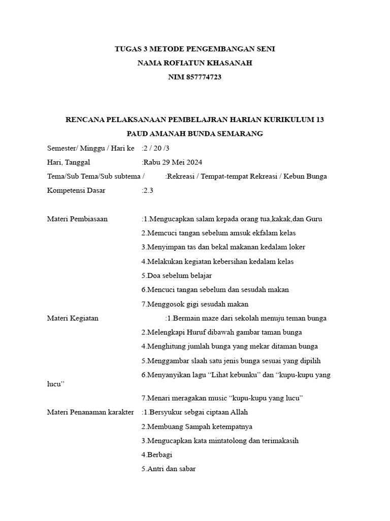 Tugas 3 Menyusun RPPH Seni | PDF | Seni & Disiplin Bahasa | Kesehatan Holistik