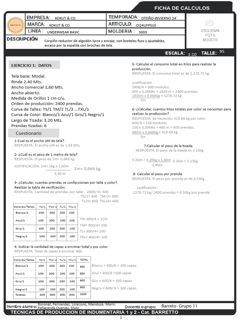 FICHA DE CALCULOS TP4 - GRUPO 11. Entrega | PDF | Ropa | Industria textil