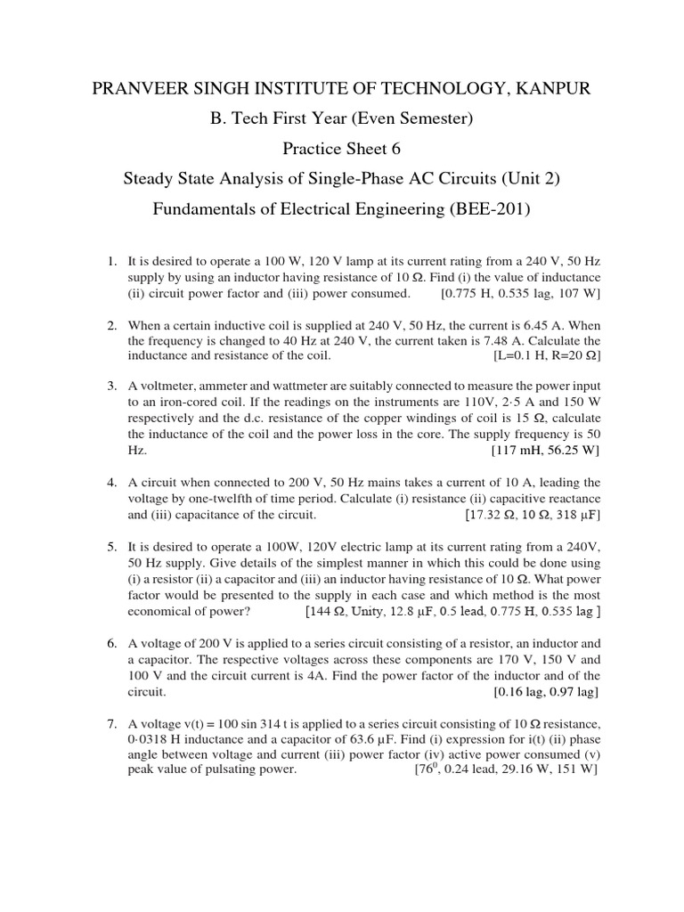 Practice Sheet 6 | Download Free PDF | Inductor | Series And Parallel Circuits