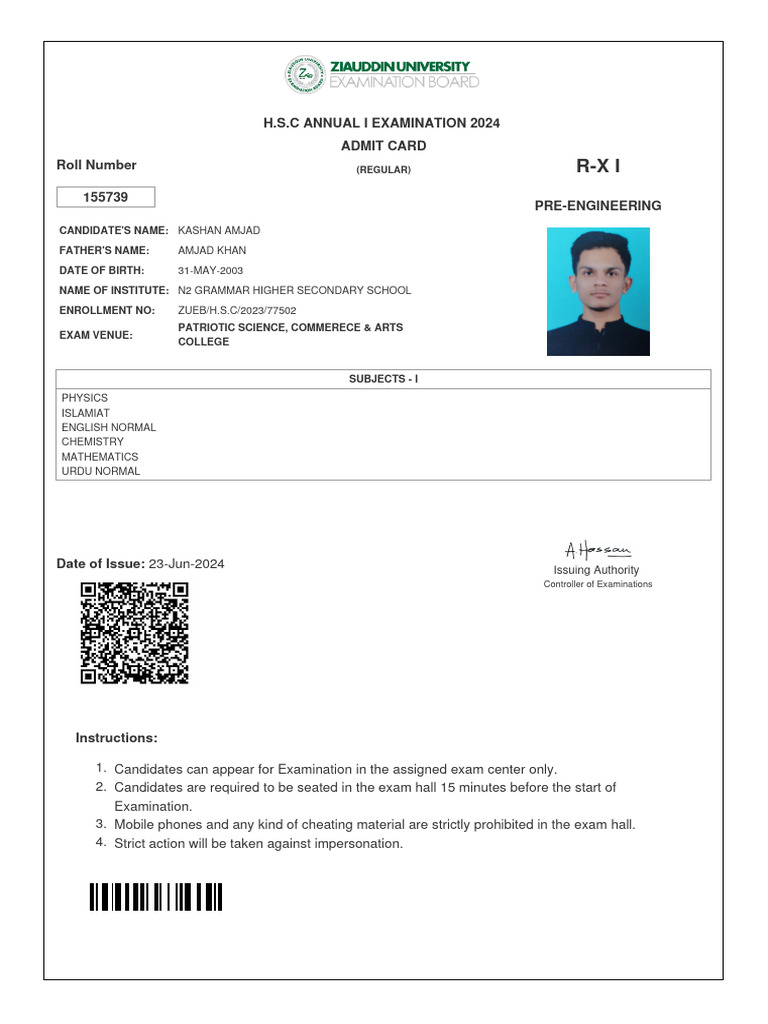 H.S.C Annual I Examination 2024 Admit Card Roll Number 155739 Pre-Engineering | PDF ...