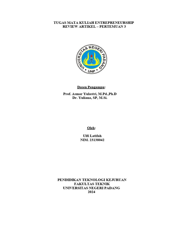 Tugas 3 Review Artikel - Enterpreneurship - Ulfi Latifah - 23138042 | PDF