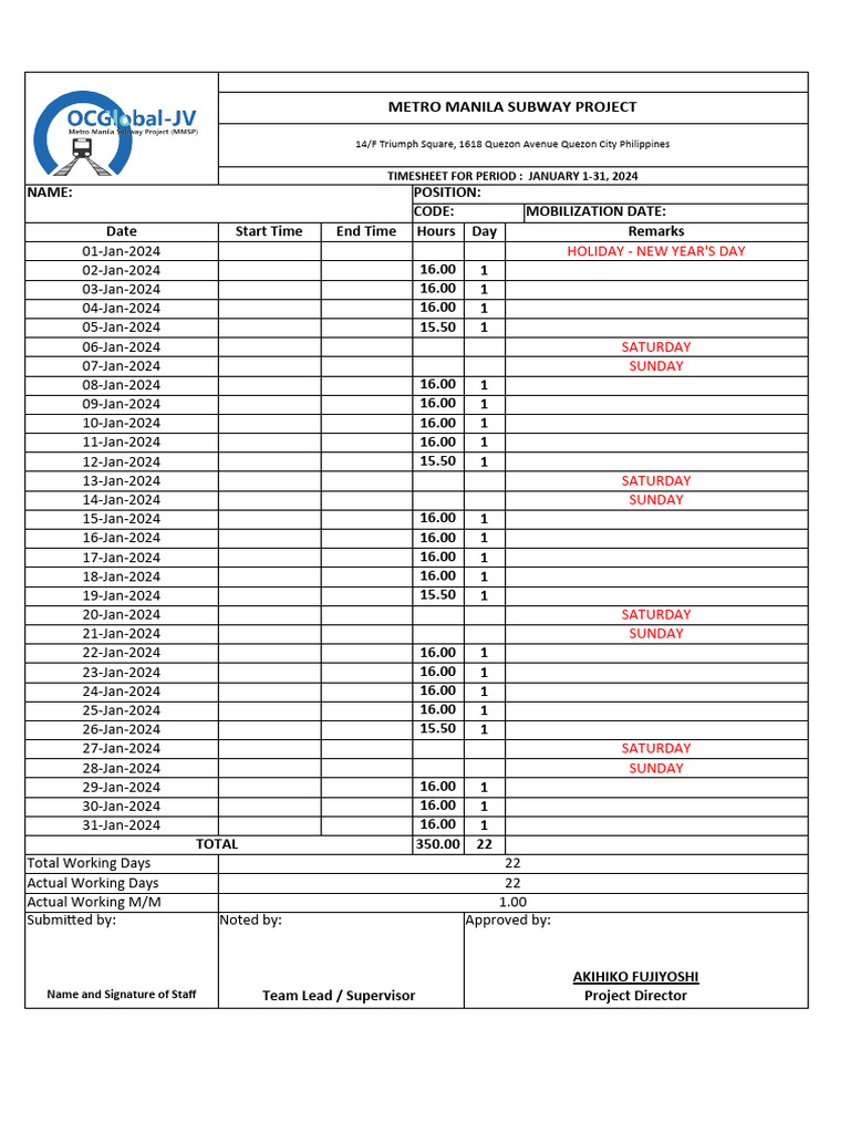 CY 2024 Timesheet Template - 23012024 | PDF | Manila | Metro Manila