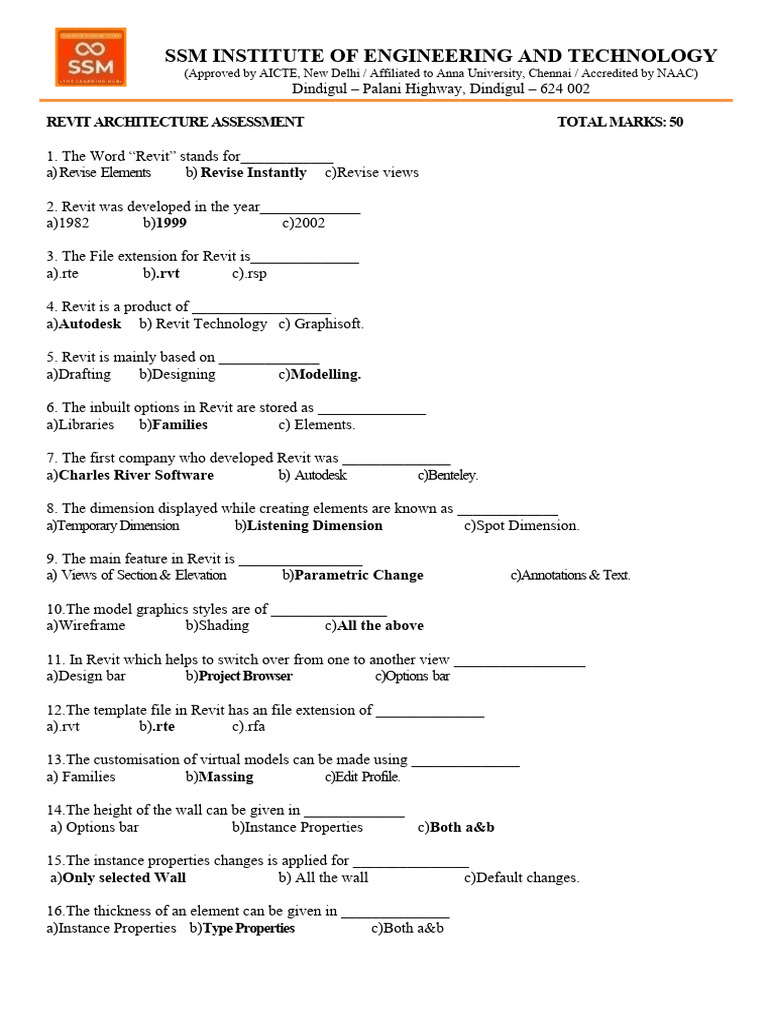 Revit Architecture Assessment Questions | PDF | Autodesk Revit | 3 D ...