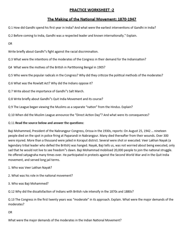The Making of The National Movement Worksheet 2 | PDF | Mahatma Gandhi ...