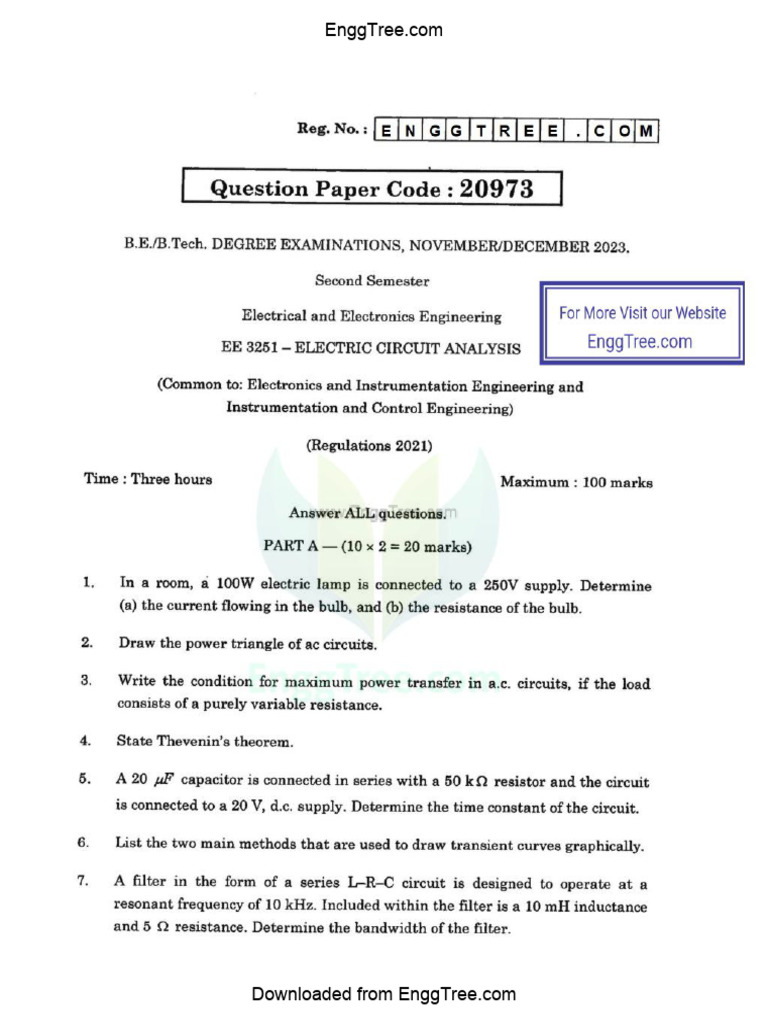 EE3251 Electric Circuit Analysis Nov Dec 2023 Question Paper Download | PDF