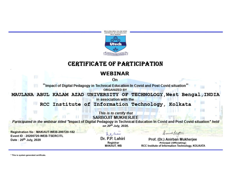 E-Certificate For Webinar On 20.07.2020 (MAKAUT, WB) | PDF