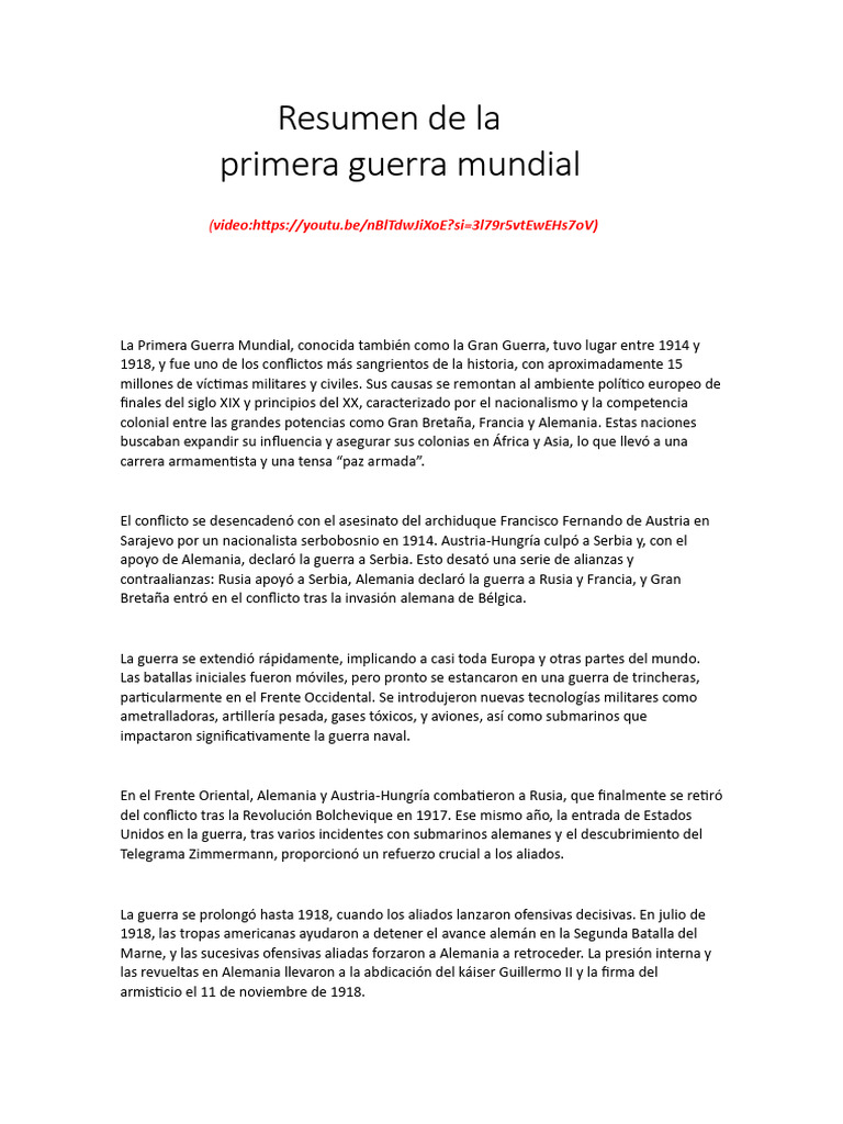 Resumen de La Primera Guerra Mundial | PDF | Primera Guerra Mundial | imperio Alemán