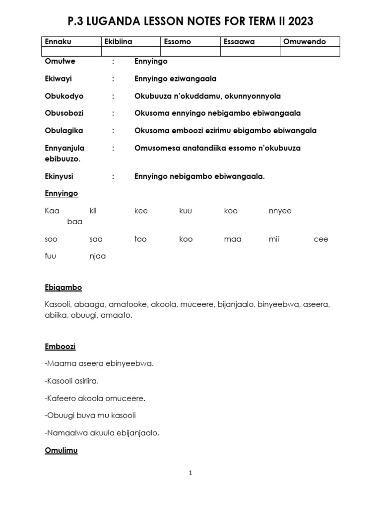 P.3 Luganda Lesson Notes For Term Ii 2023 | PDF | Foreign Language Studies