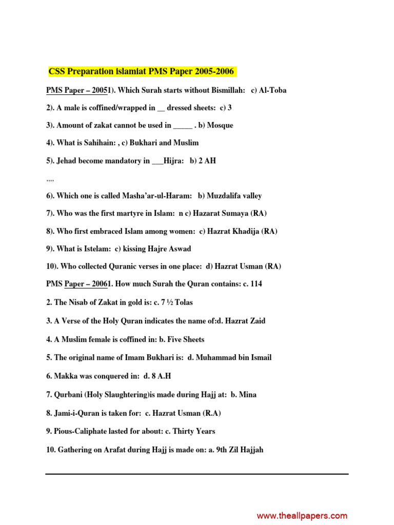 PMS Preparation Islamiat PMS Past Paper | Download Free PDF | Quran | Islam