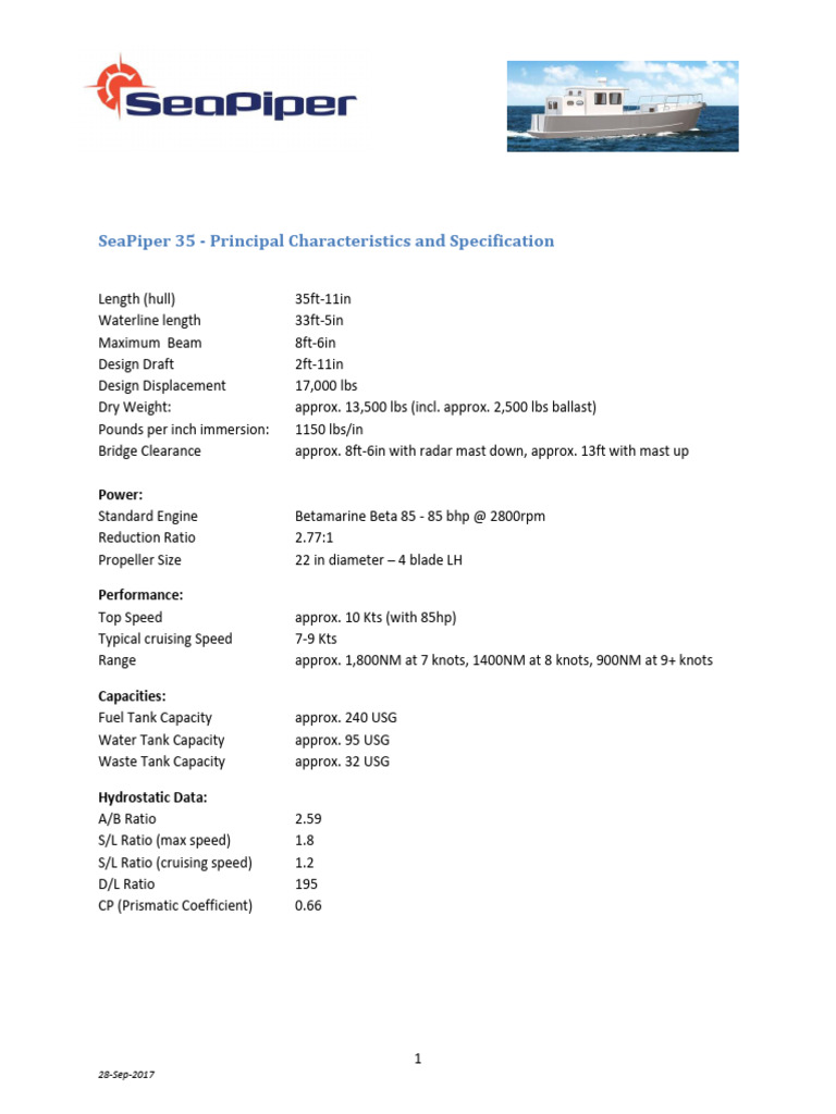SeaPiper 35 Specifications and Features | PDF | Hull (Watercraft) | Rudder