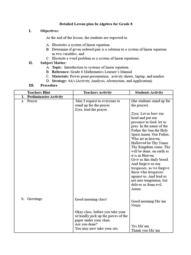 Detailed Lesson Plan in Algebra For Grade 8 | PDF | Equations ...