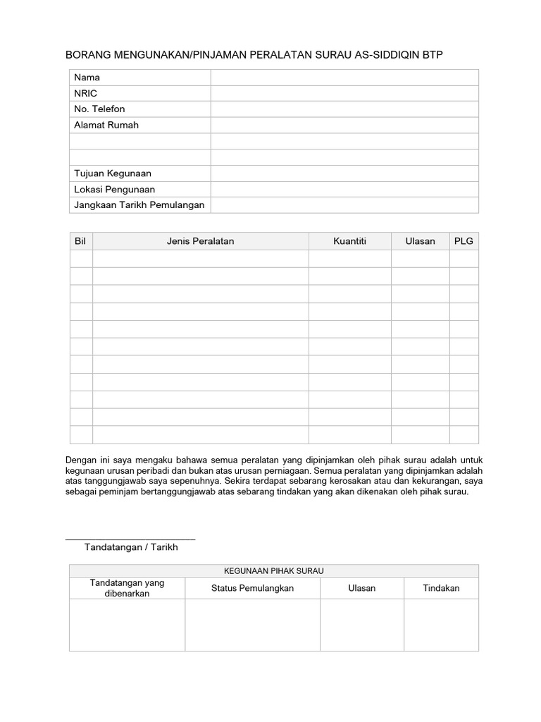 Borang Menggunakan Peralatan Surau Pdf