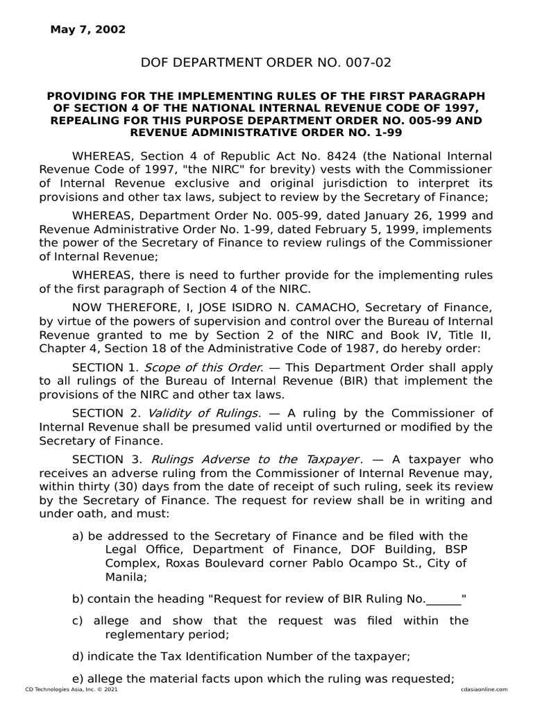 DOF Department Order No. 007-02 | PDF | Internal Revenue Service | Justice