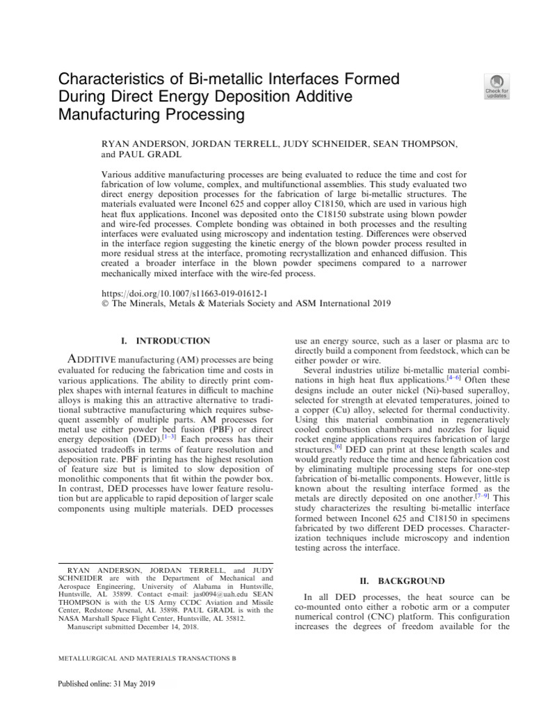 Characteristics of Bi-metallic Interfaces Formed During Direct Energy Deposition Additive ...