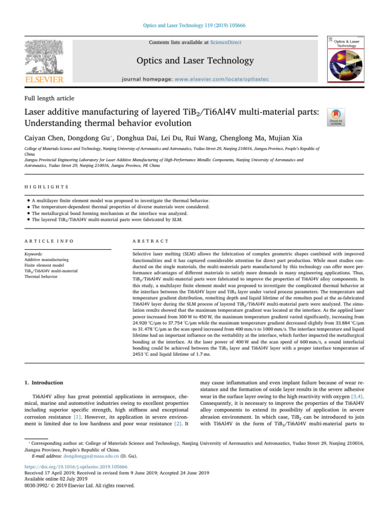 Laser Additive Manufacturing of Layered Tib2ti6al4v Multi-Material ...