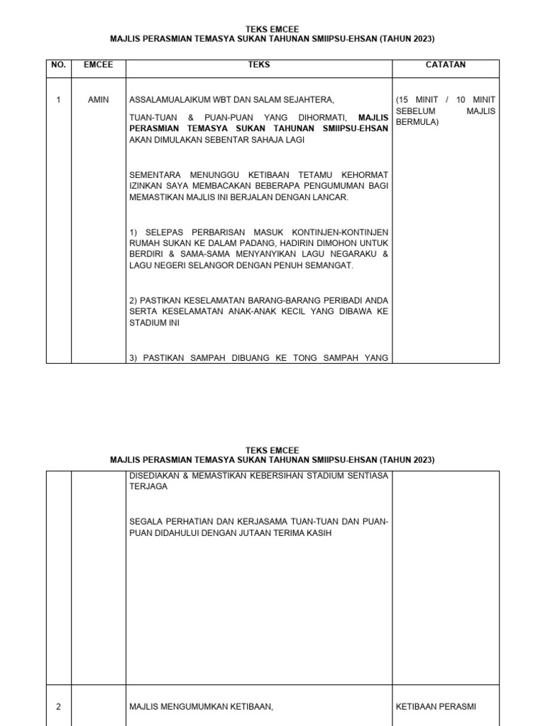 Template Teks Emcee Hari Sukan Sekolah | PDF