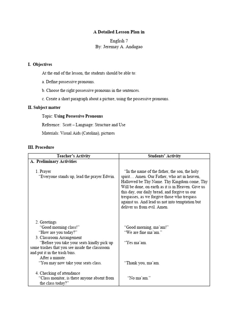 Lesson Plan (Using Possessive Pronouns | PDF | Lord's Prayer | Pronoun