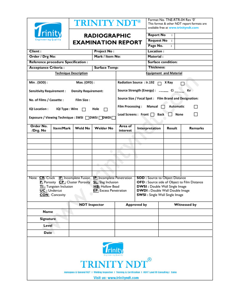 Radiography Inspection NDT Sample Test Report Format | PDF ...