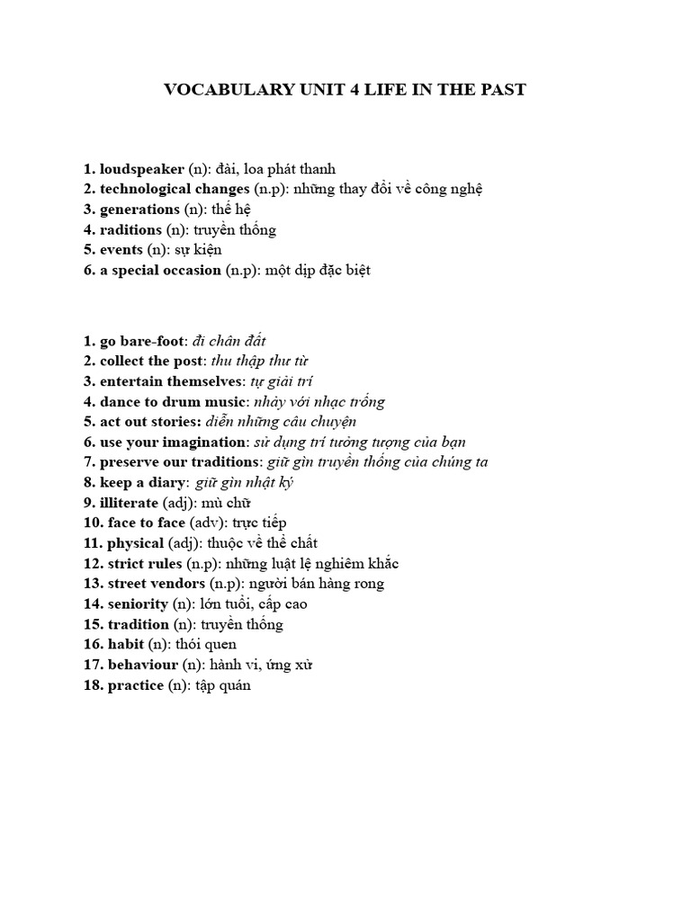 Vocabulary Unit 4 Life in the Past | PDF