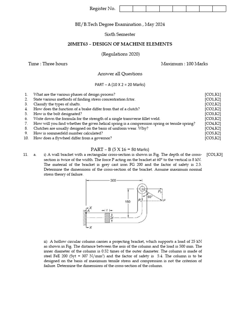 Design of Machine Elements Question Paper Sample | PDF | Stress ...