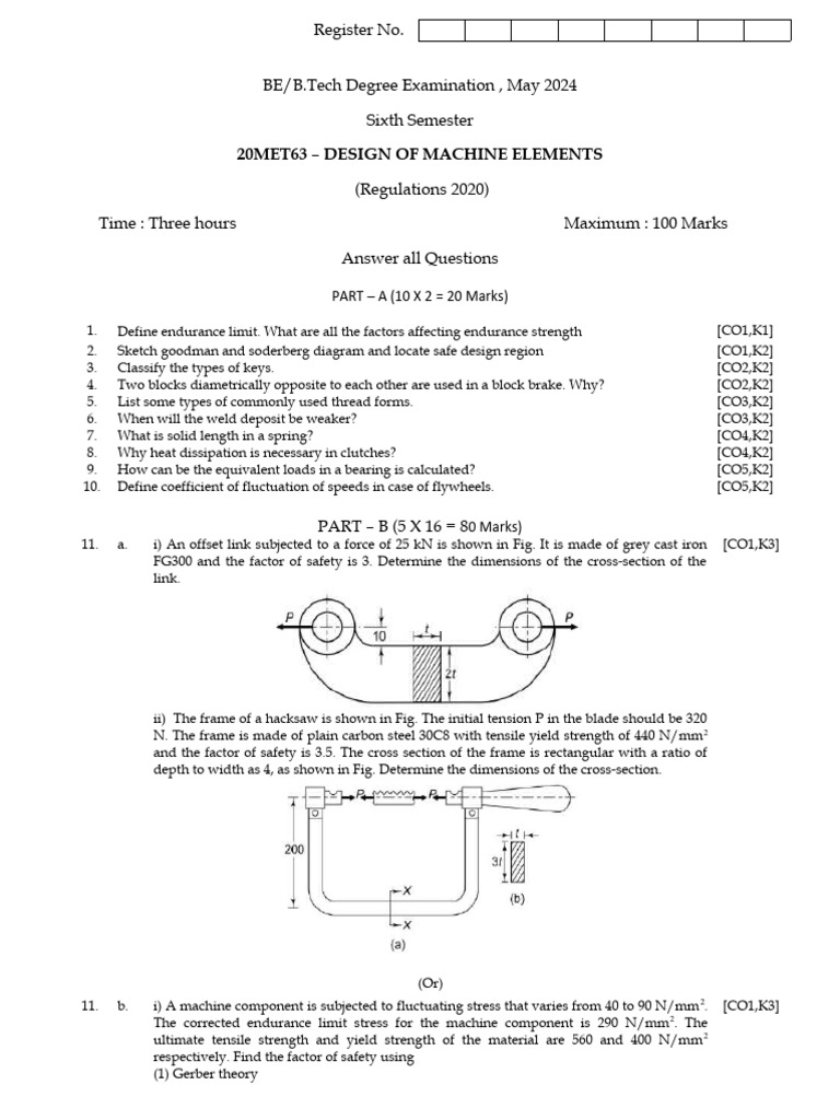 Design of Machine Elements Question Paper Sample | PDF | Strength Of ...