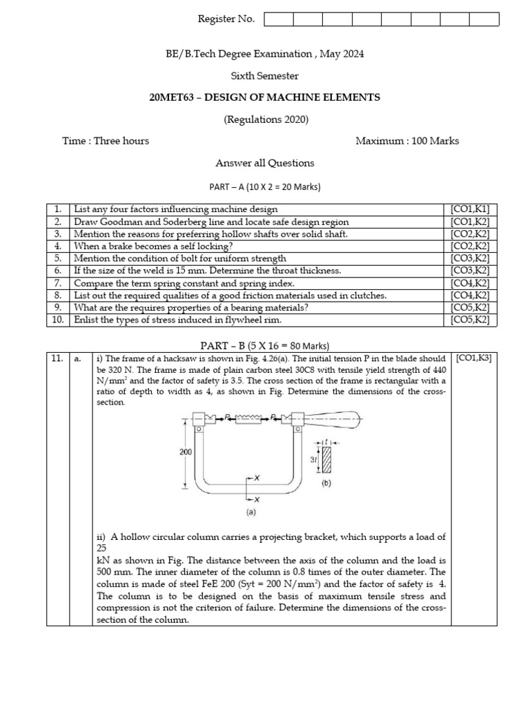 ME3591 Design of Machine Elements Exam 2024 | PDF | Strength Of ...