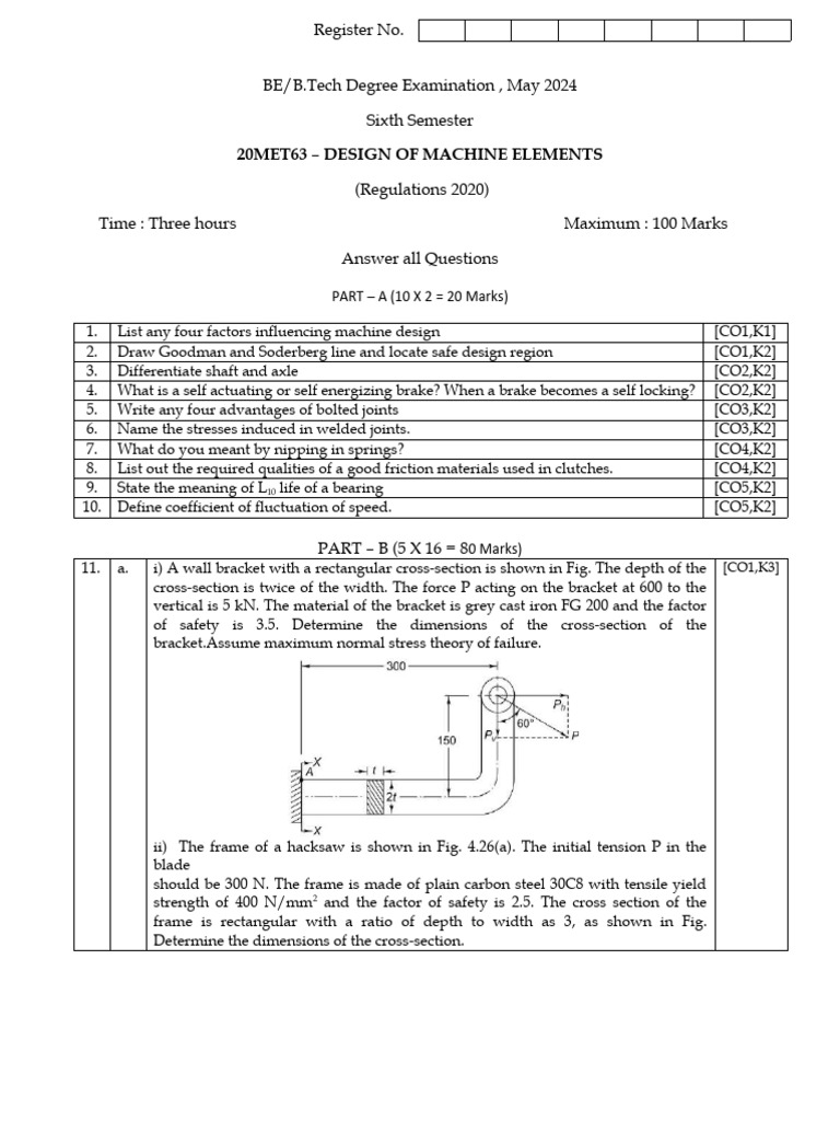 Design of Machine Elements Question Paper Sample | PDF | Strength Of ...