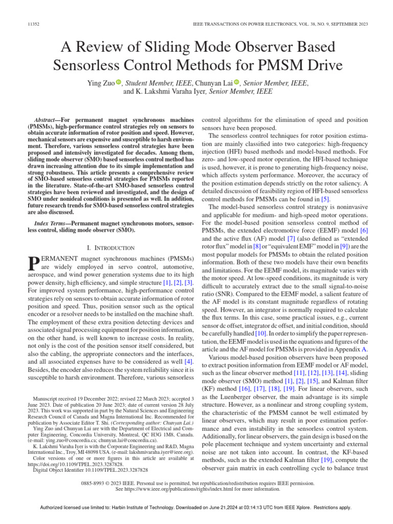 A Review Of Sliding Mode Observer Based Sensorless Control Methods For Pmsm Drive Pdf