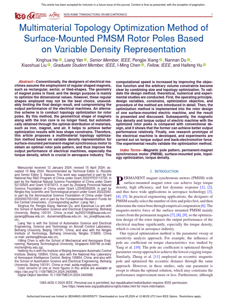 Multimaterial Topology Optimization Method of Surface-Mounted PMSM Rotor Poles Based On Variable ...
