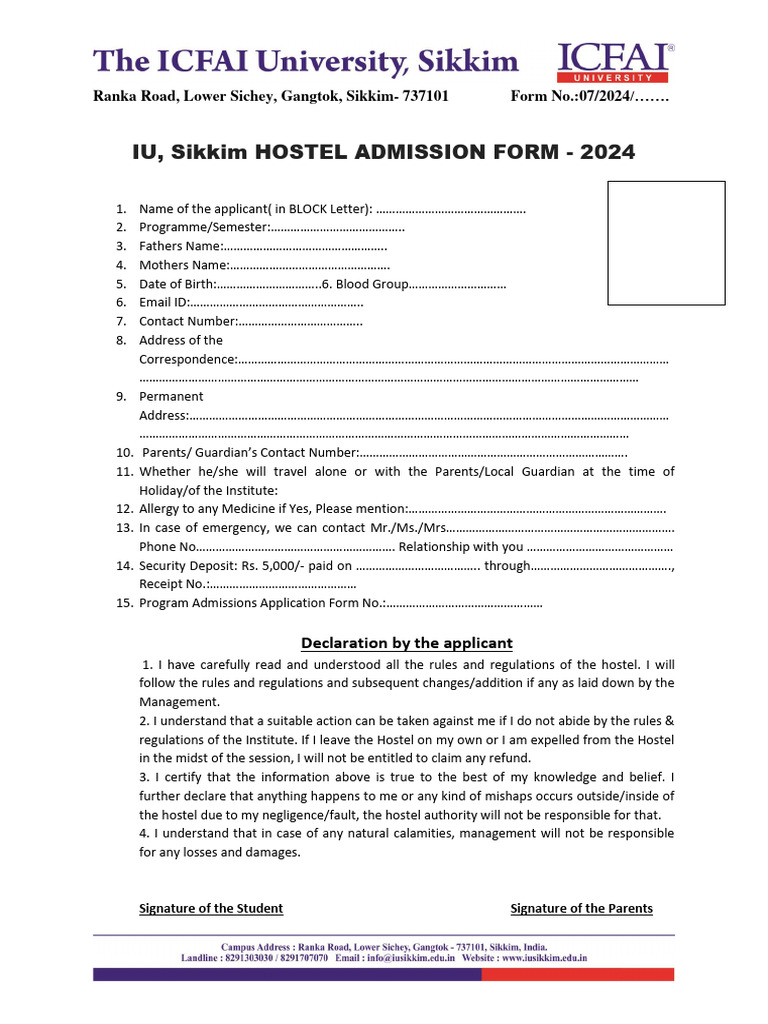 IU Sikkim 2024 Hostel Admission Guide | PDF | Boarding School | Hostel