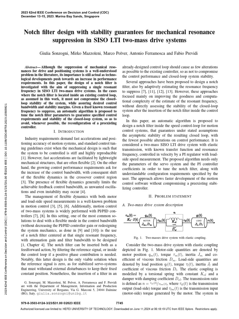 Notch Filter Design With Stability Guarantees For Mechanical Resonance ...