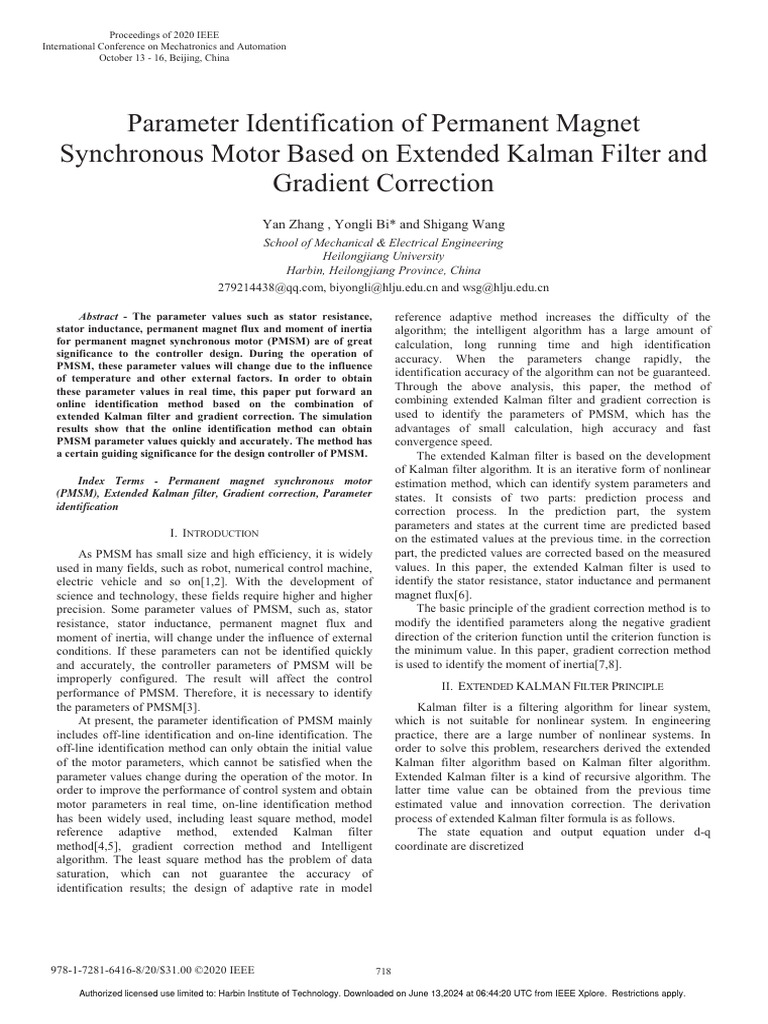 Parameter Identification Of Permanent Magnet Synchronous Motor Based On Extended Kalman Filter