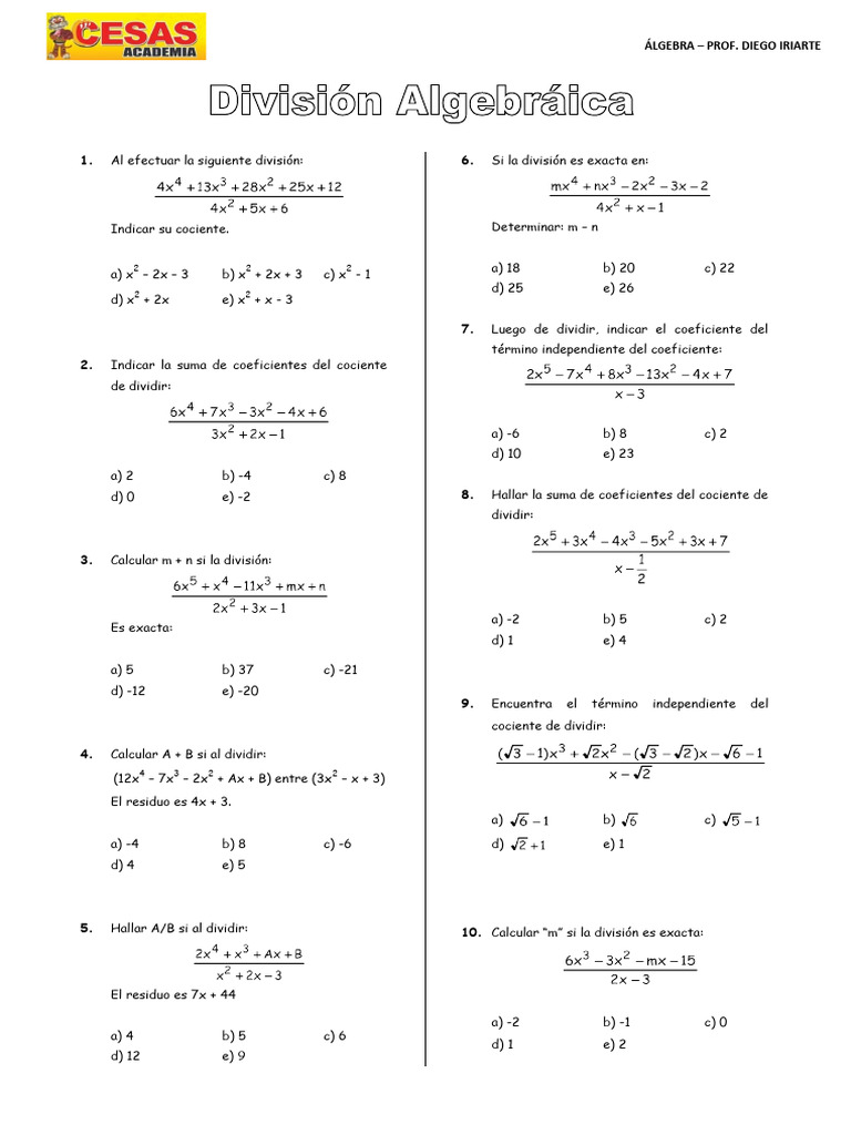 División Algebráica - BÁSICO | PDF | División (Matemáticas) | Matemáticas