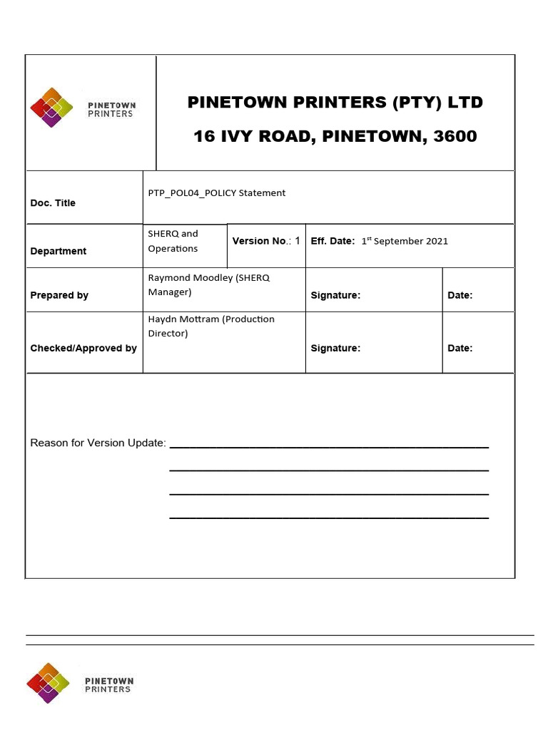 Pinetown Printers Health & Safety Policy | PDF | Occupational Safety ...