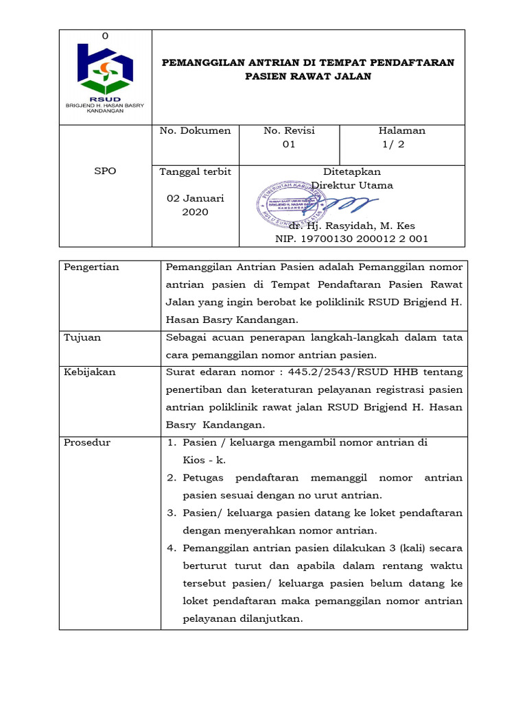 SPO Pemanggilan Antrian Di Pendaftaran Pasien Rawat Jalan | PDF
