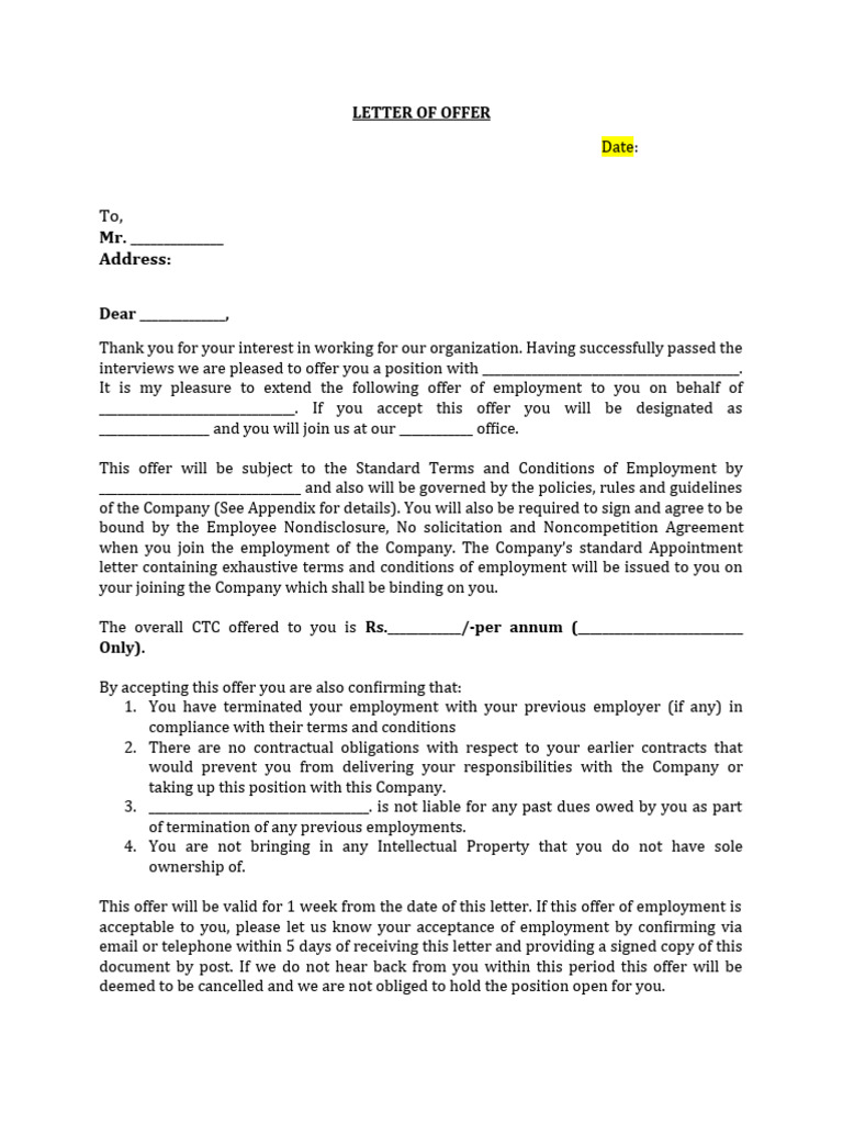 Letter of Offer | PDF | Employment | Contractual Term