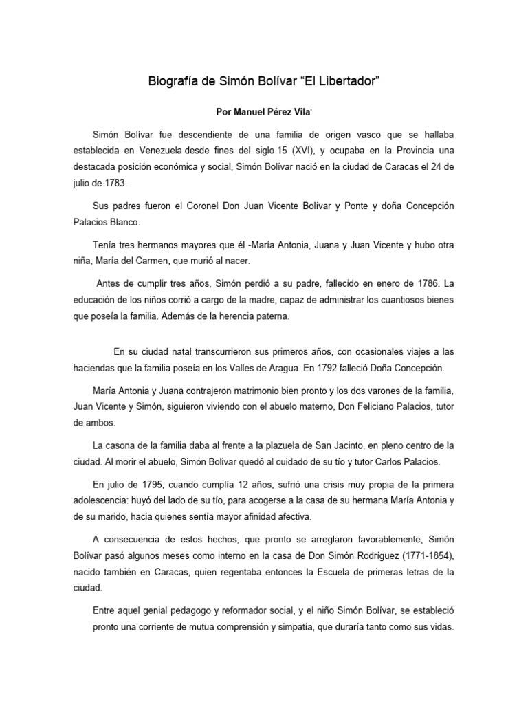 Biografía de Simón Bolívar: El Libertador | PDF