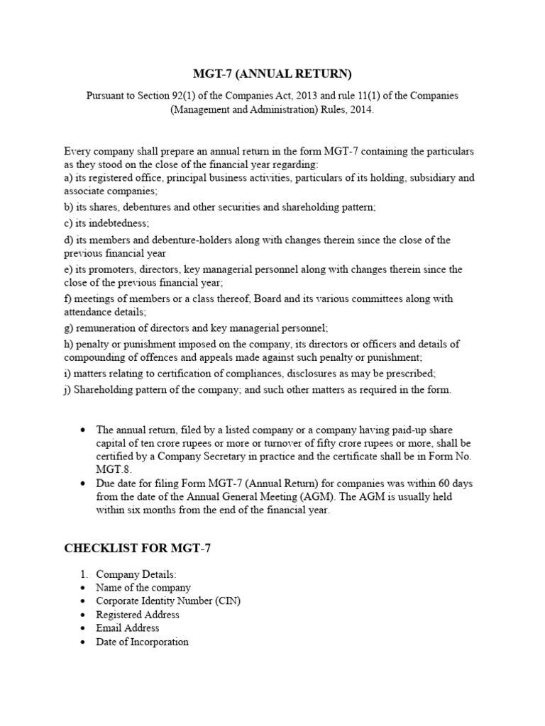 Checklist For AOC-4 & MGT-7 | PDF | Financial Statement | Audit