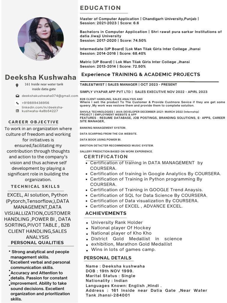 Deeksha Kushwaha Resume Skills Overview Pdf Information