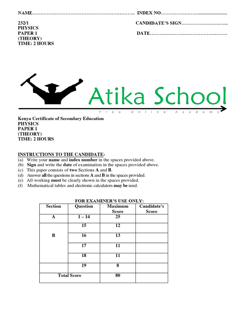 Kcse Physics Paper 1 Form 4 Revision Kit 2023 Model2492017 Questions ...