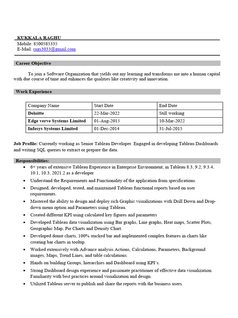 Raghu Resume Tableau Developer | PDF | Chart | Information Technology